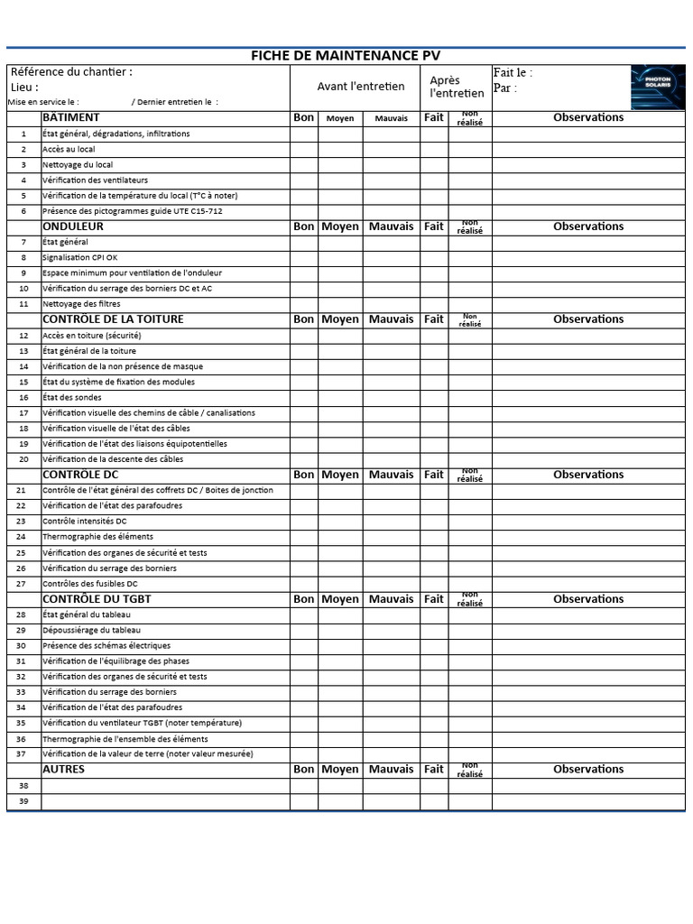 Fiche de Maintenance Préventive PV | PDF
