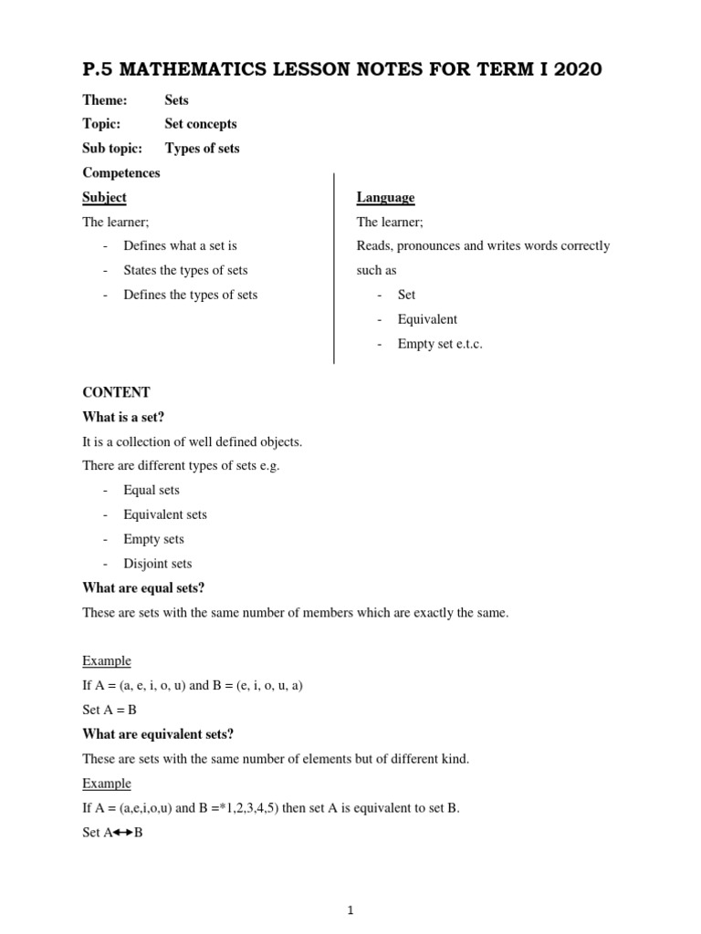 P.5 Maths Lesson Notes Term 1 2020 Exam - Teacher - Ac | PDF | Set ...