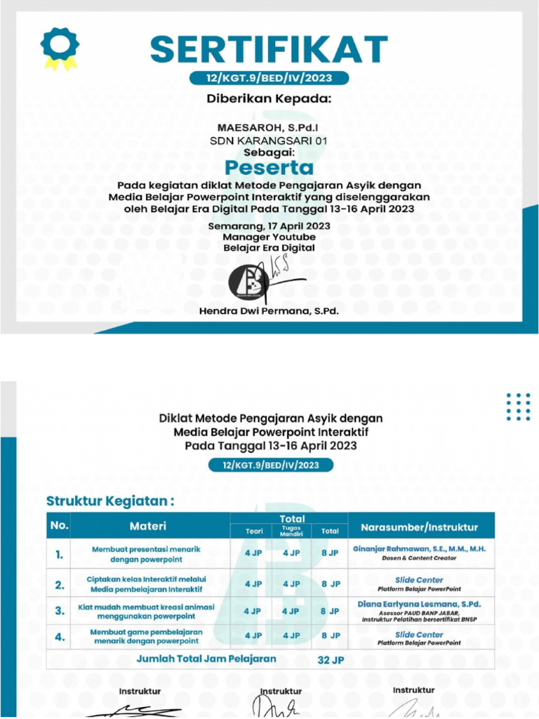 Sertifikat Maesaroh - Metode Pengajaran Asrik Dengan Media Belajar | PDF