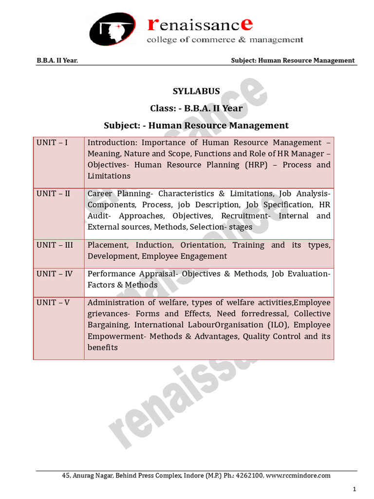Syllabus Class: - B.B.A. II Year Subject: - Human Resource Management ...
