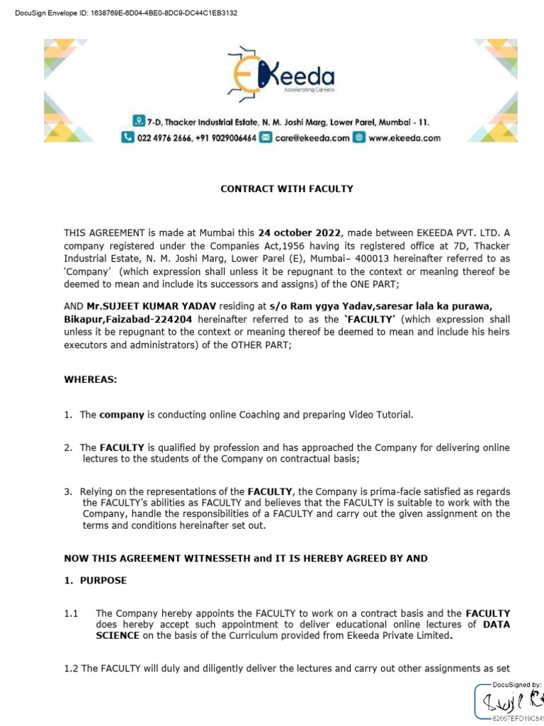 Sujeet New Agreement | PDF | Lecture | Private Law