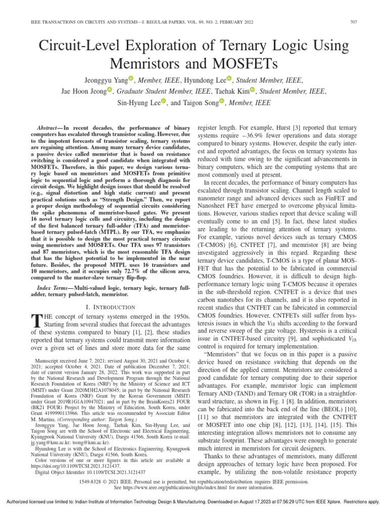 Circuit-Level Exploration of Ternary Logic Using Memristors and MOSFETs | PDF | Logic Gate | Mosfet