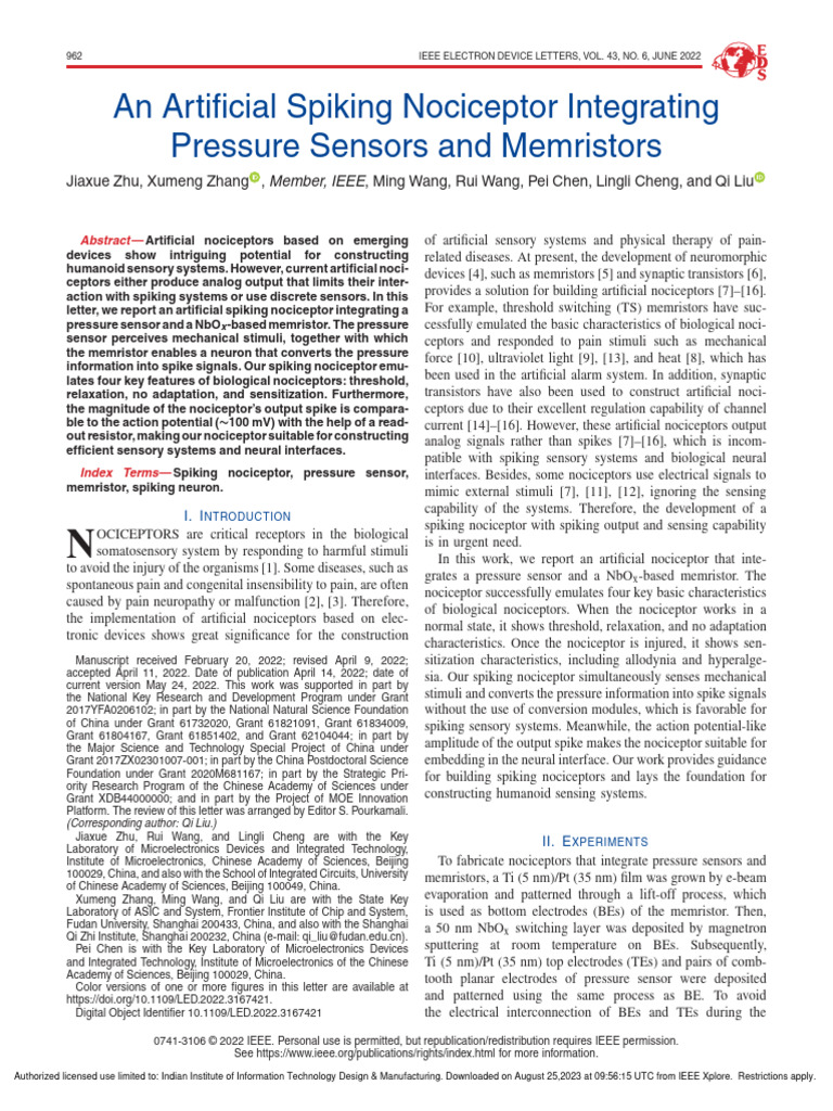 An Artificial Spiking Nociceptor Integrating Pressure Sensors and ...