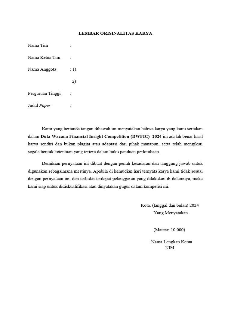 Lembar Orisinalitas Karya Dwfic 2024 | PDF Lembar Orisinalitas Karya Dwfic 2024 | PDF