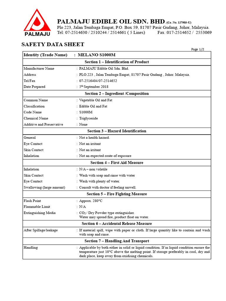 Palmaju Edible Oil Safety Data Sheet | PDF | Toxicity | Melting Point