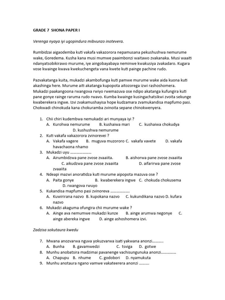 Grade 7 Shona Paper I | PDF