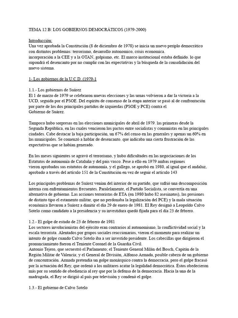 Gobiernos Democráticos en España (1979-2000) | PDF | España | Gobierno
