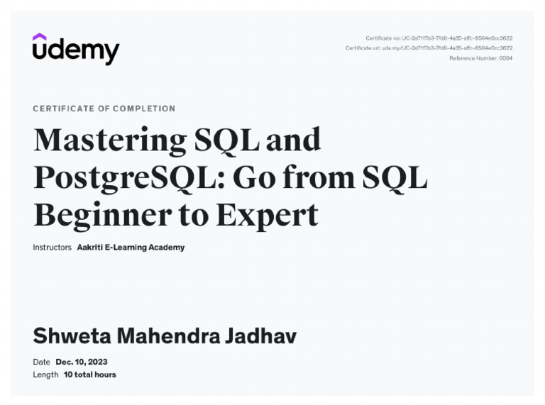 Postgresql Course Certificate - Udemy | PDF