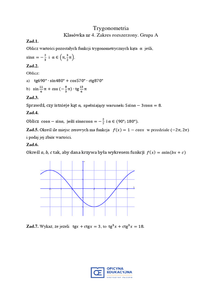 KL2 Sprawdzian Pazdro Trygonometria ZR Ab Wersja 4 | PDF