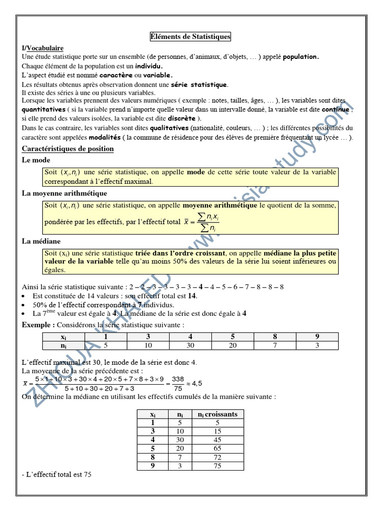 Cours de Statistiques pour 3ème | PDF | Moyenne | Médiane (statistiques)