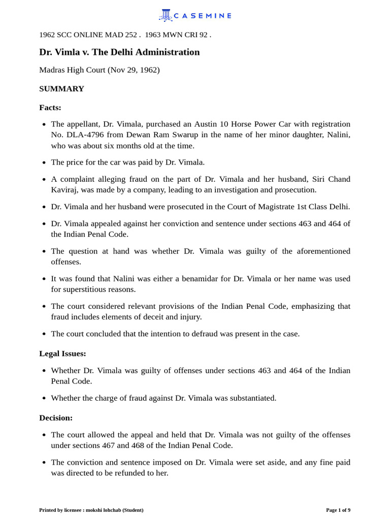 CASEMINE - Dr. Vimla v. The Delhi Administration | PDF | Fraud | Forgery