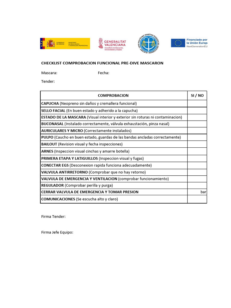 Checklist Mascara pre dive | PDF