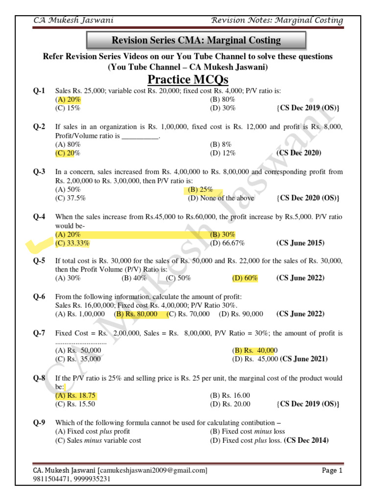 Marginal Costing MCQs Revision Series CMA | PDF | Management Accounting ... Marginal Costing MCQs Revision Series CMA | PDF | Management Accounting ...