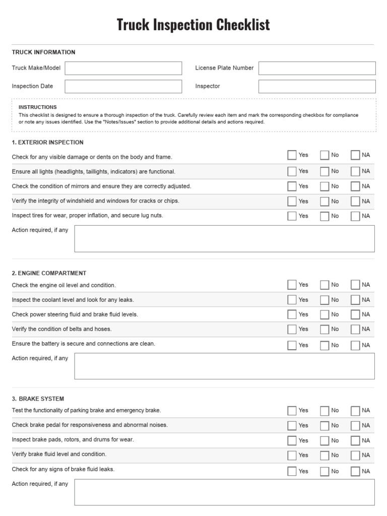 Truck Inspection Checklist Template | PDF | Truck | Brake