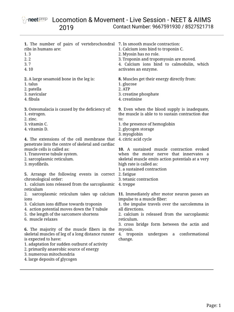 Locomotion & Movement - Live Session - NEET & AIIMS 2019 | PDF | Muscle Contraction | Skeletal ...