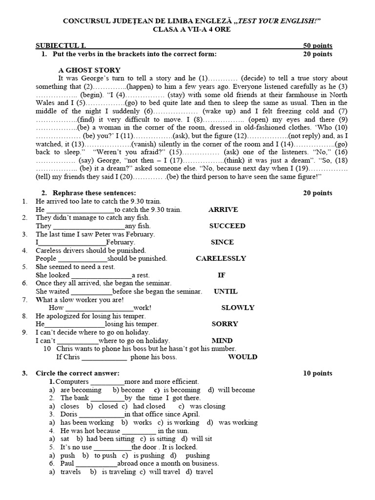 Subiect - Clasa A VII-a 4 Ore | PDF
