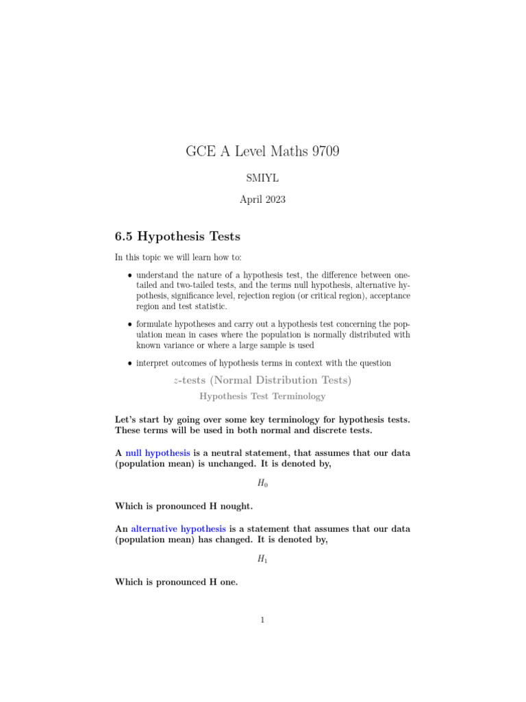 GCE A Level Hypothesis Tests Z Tests Normal Distribution Tests ...
