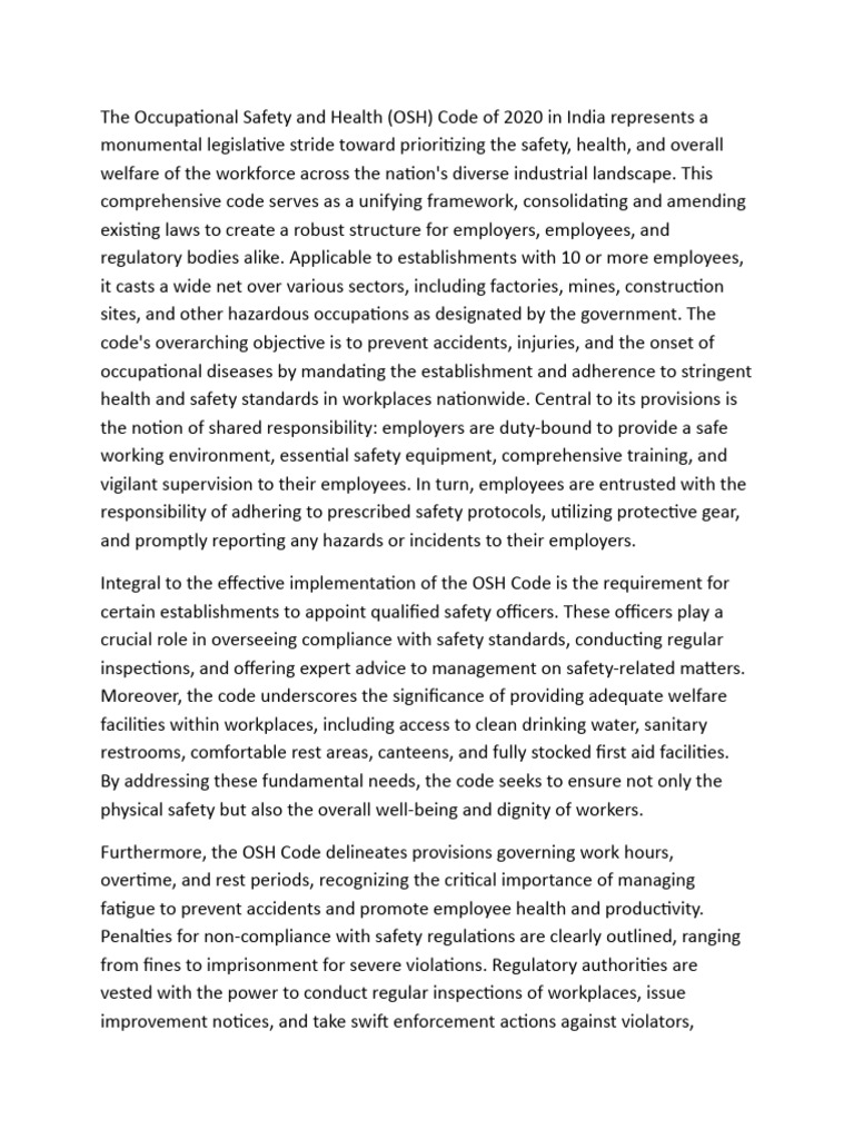 OSH CODE 2020 | PDF | Occupational Safety And Health | Employment