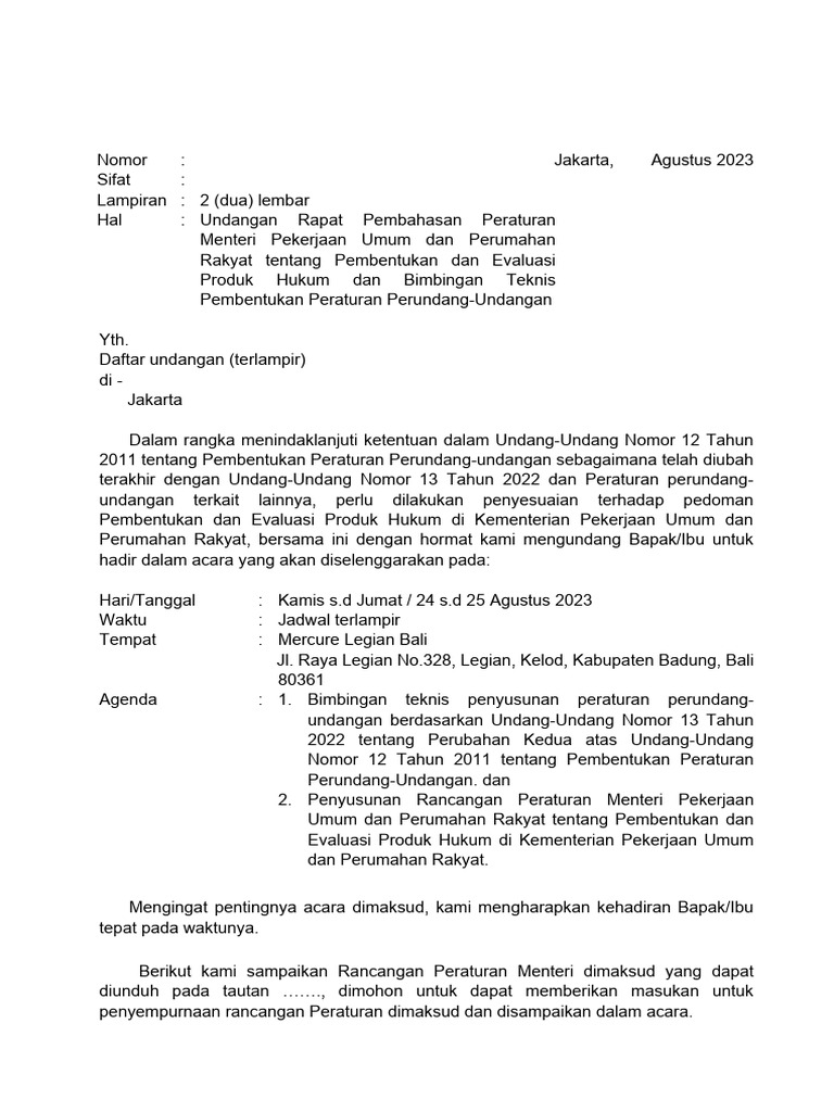 Su-Undangan Bali Permen 24 23-25 Agt - Rev Ara | PDF