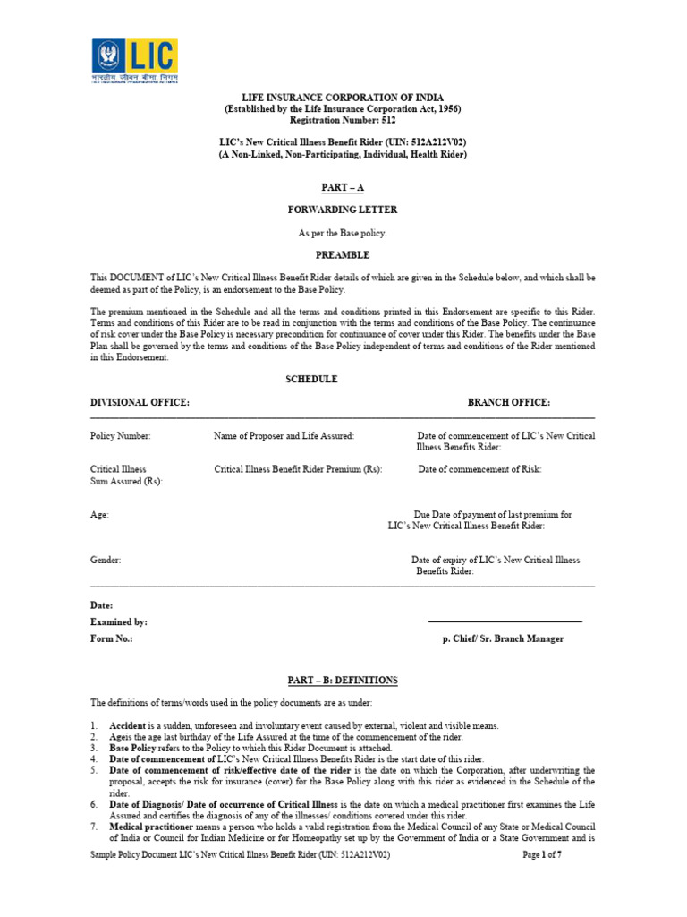 LIC Critical Illness Rider Guide | PDF | Myocardial Infarction ...