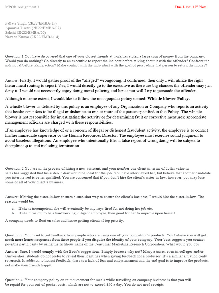 Ethical Dilemmas in Workplace Scenarios | PDF | Business