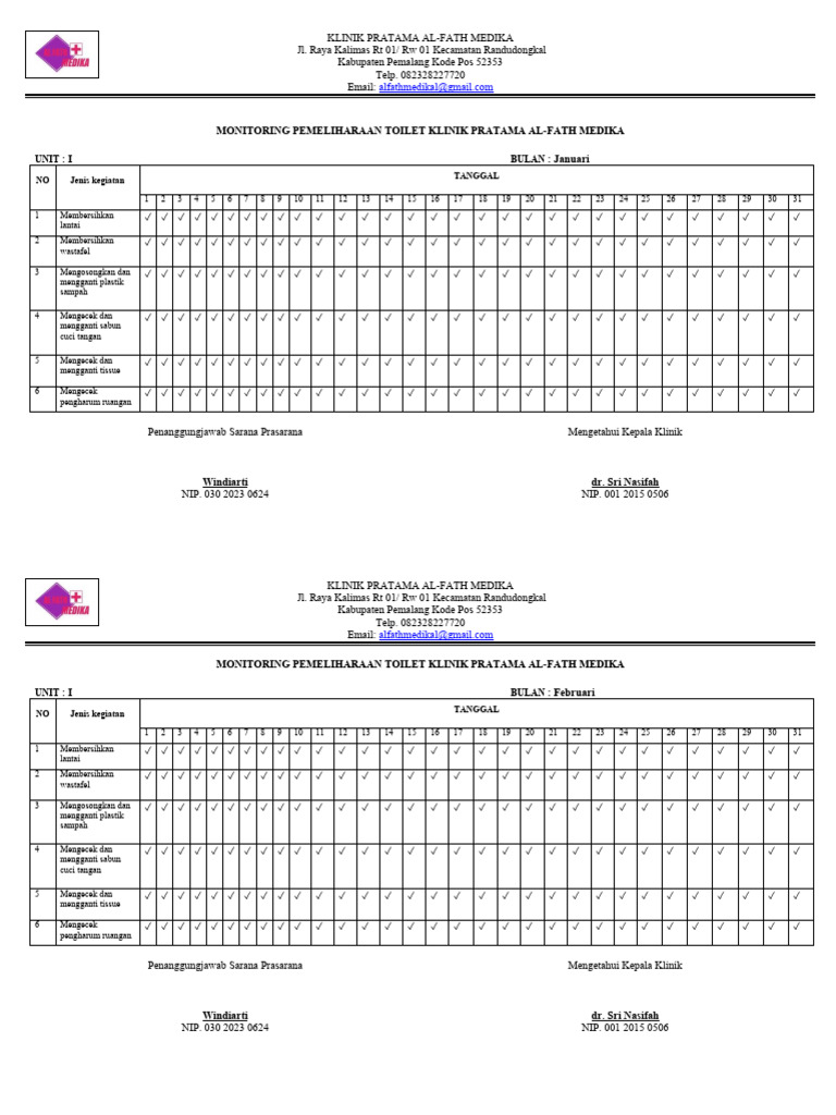 Klinik Toilet Maintenance Log | PDF