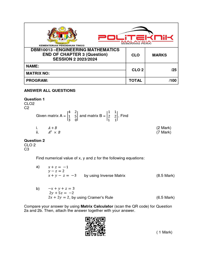 Engineering Math Matrix Problems | PDF | Science & Mathematics | Computers