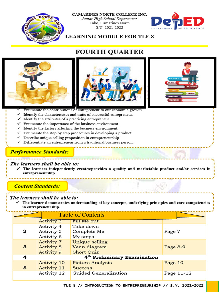 Grade 8 TLE Entrepreneurship Module Q4 | PDF | Entrepreneurship | Learning