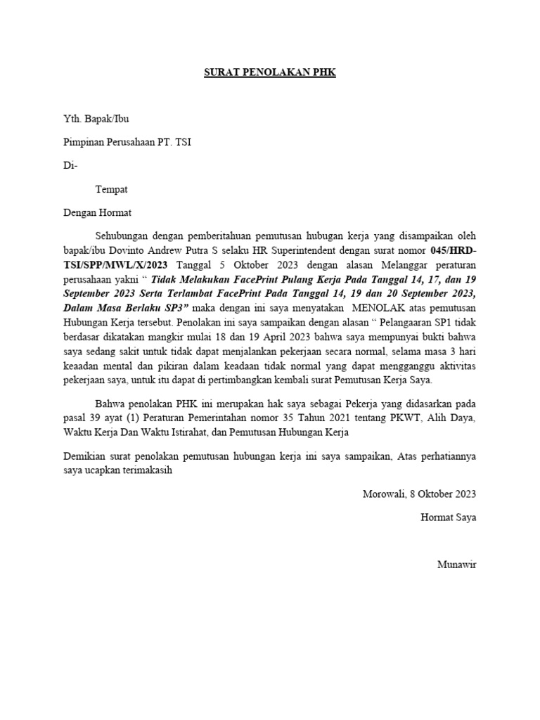 Surat Penolakan PHK | PDF