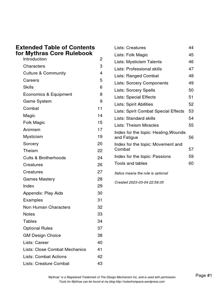 Mythras Extended Table of Contents | PDF