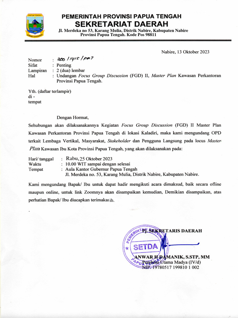 Undangan FGD II, Master Plan Kawasan Perkantoran Provinsi Papua Tengah ...