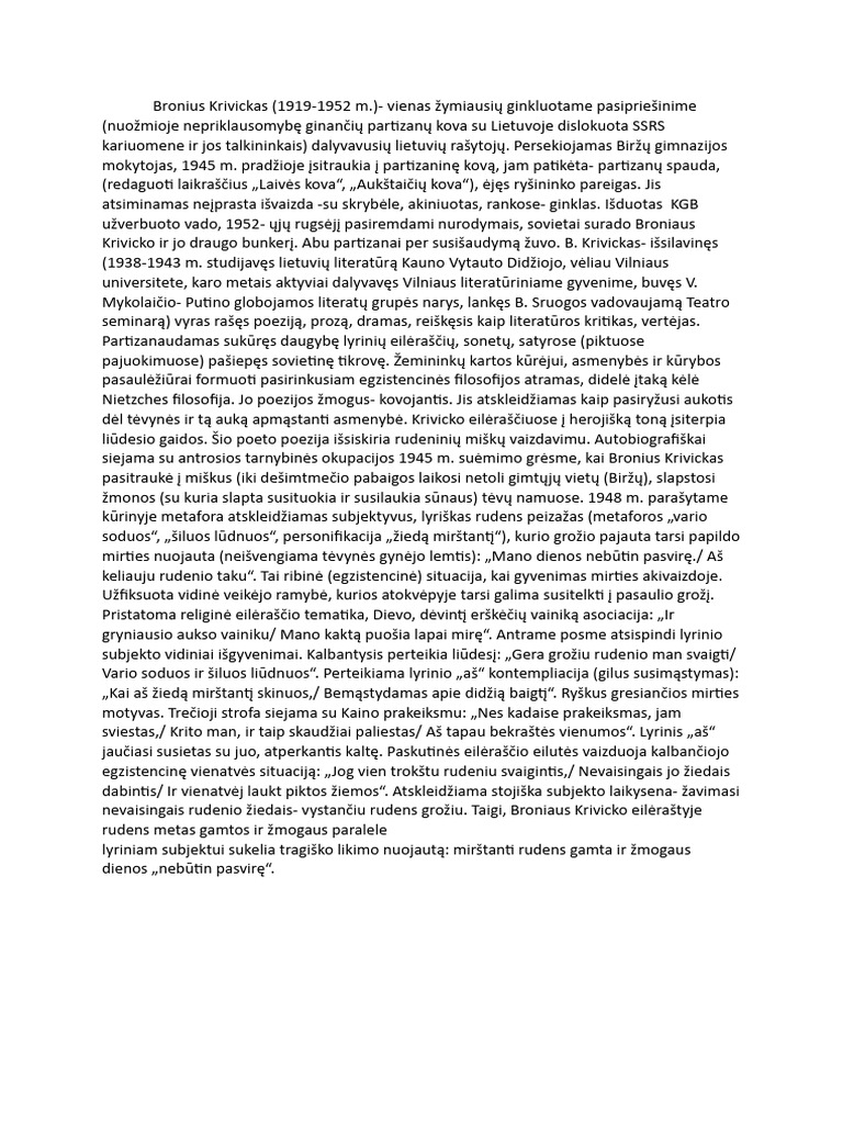 B. Krivickas "Mano Dienos Nebūtin Pasvirę" Eilėraščio Interpretacija | PDF