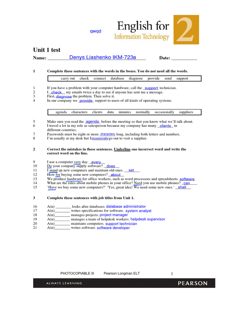 Unit 1 IT Vocabulary and Grammar Test | PDF | Computer Science | Computing