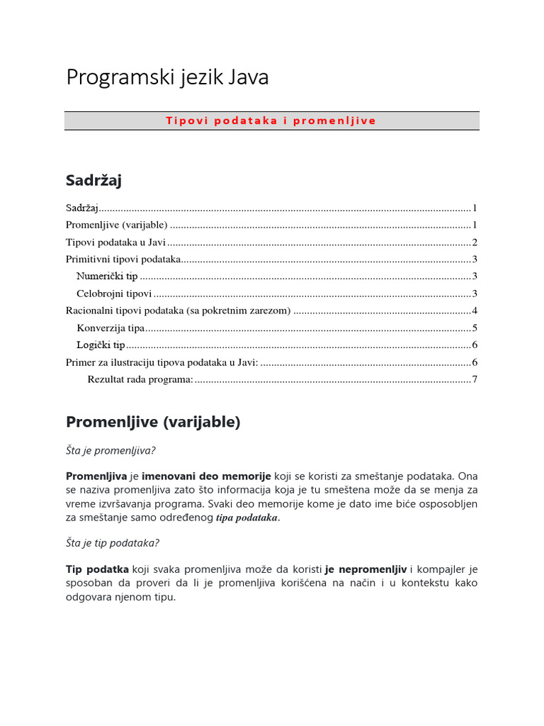 Dodatak - Tipovi Podataka I Promenljive U Javi | PDF