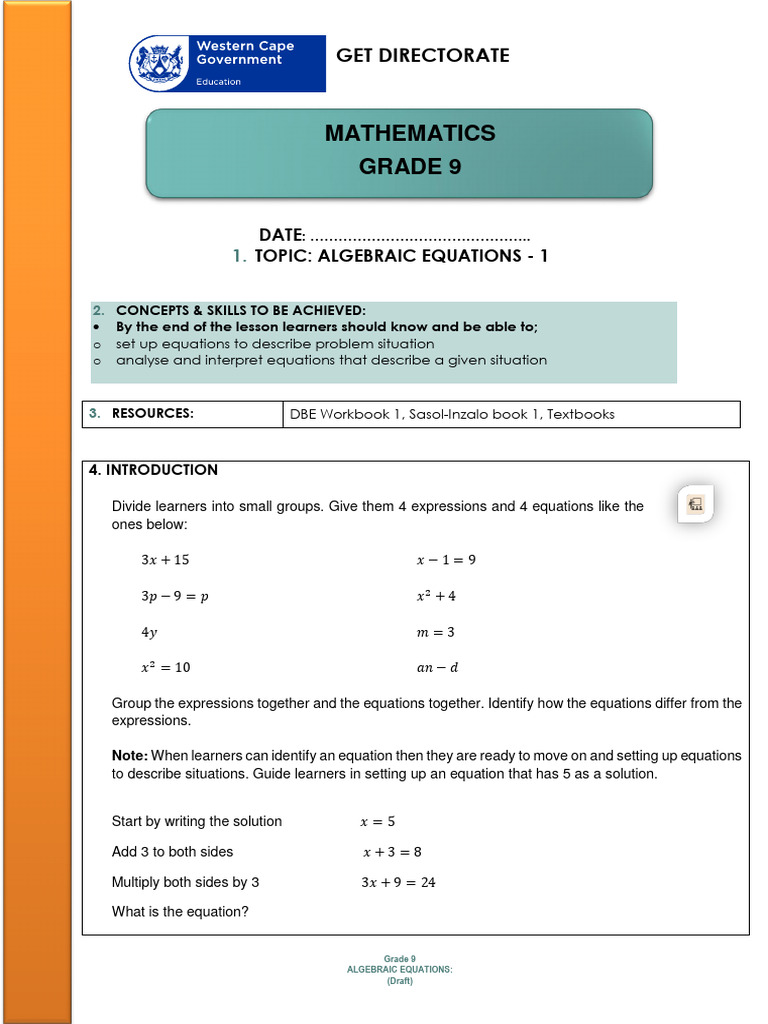 GR 9 Algebraic Equations 1 | PDF | Equations | Mathematical Concepts