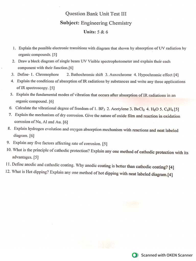 Engineering Chemistry Question Bank For UT 3 | PDF
