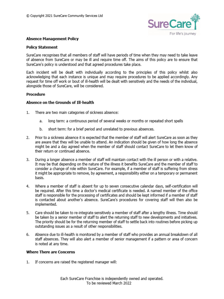 Absence Management Policy | PDF | Health Care