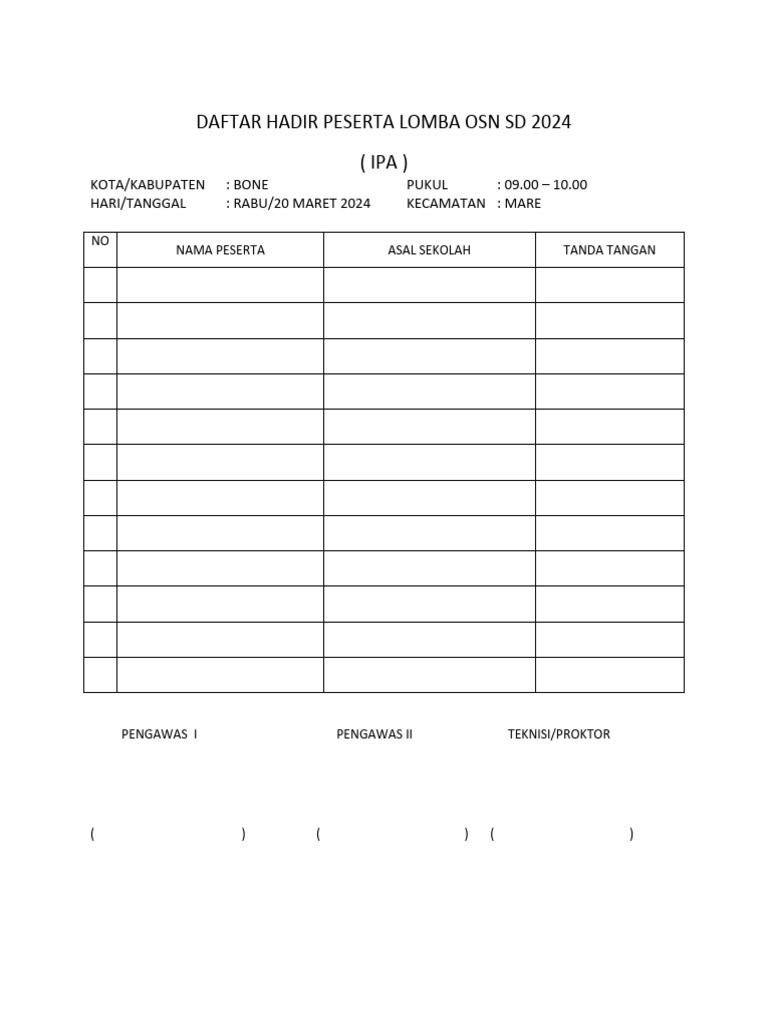 Daftar Hadir Peserta Simulasi Lomba Osn SD 2024 | PDF