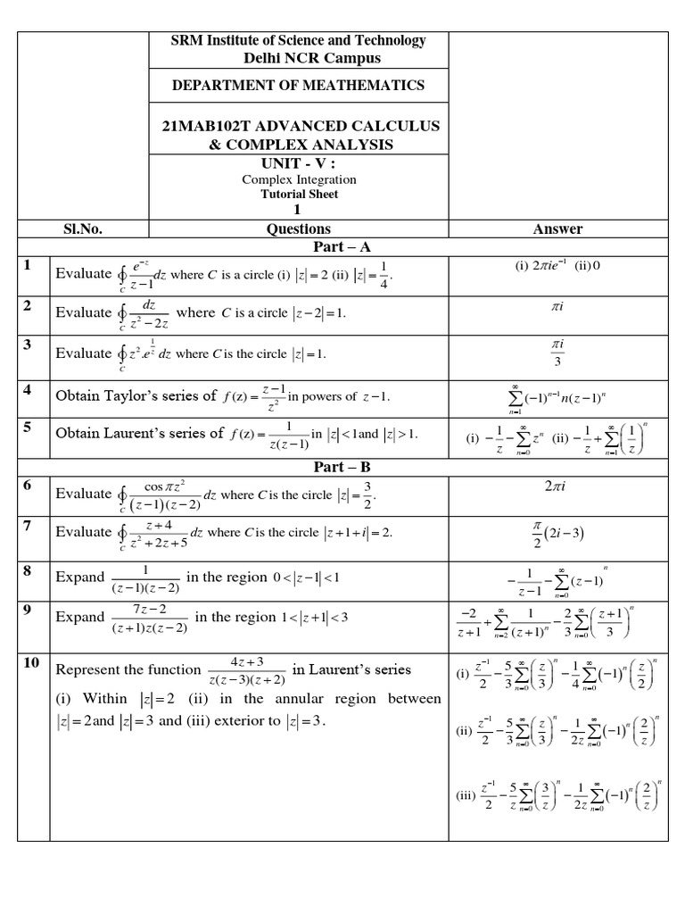 Unit 5 - Complex Integration - Tutorial 1 | PDF | Calculus ... Unit 5 - Complex Integration - Tutorial 1 | PDF | Calculus ...