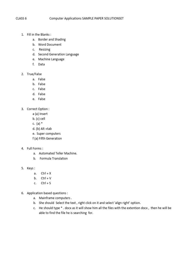 Class 6 Computer Apps Solutions | PDF | Microsoft Excel | Assembly Language