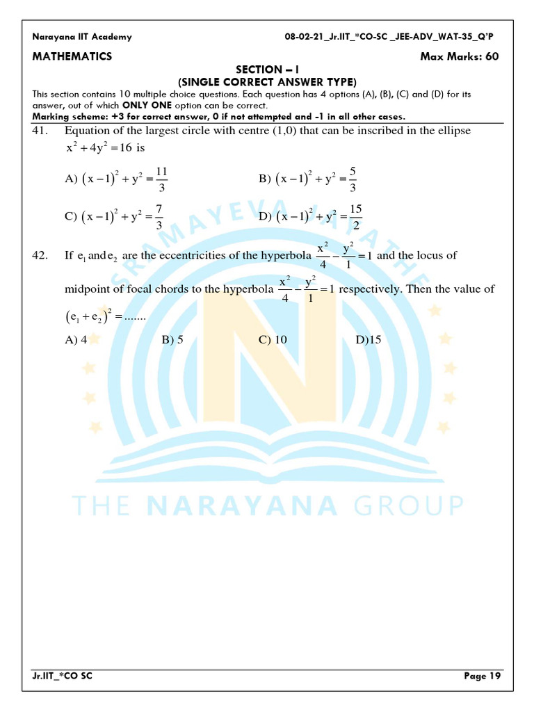 JEE Advanced Mathematics Test Paper | PDF | Ellipse | Perpendicular