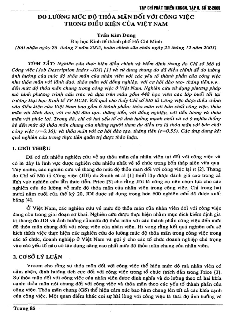 Tran Kim Dung 2005 Do Luong Muc Do Thoa Man Doi Voi Cong Viec Trong Dieu Kien VN | PDF