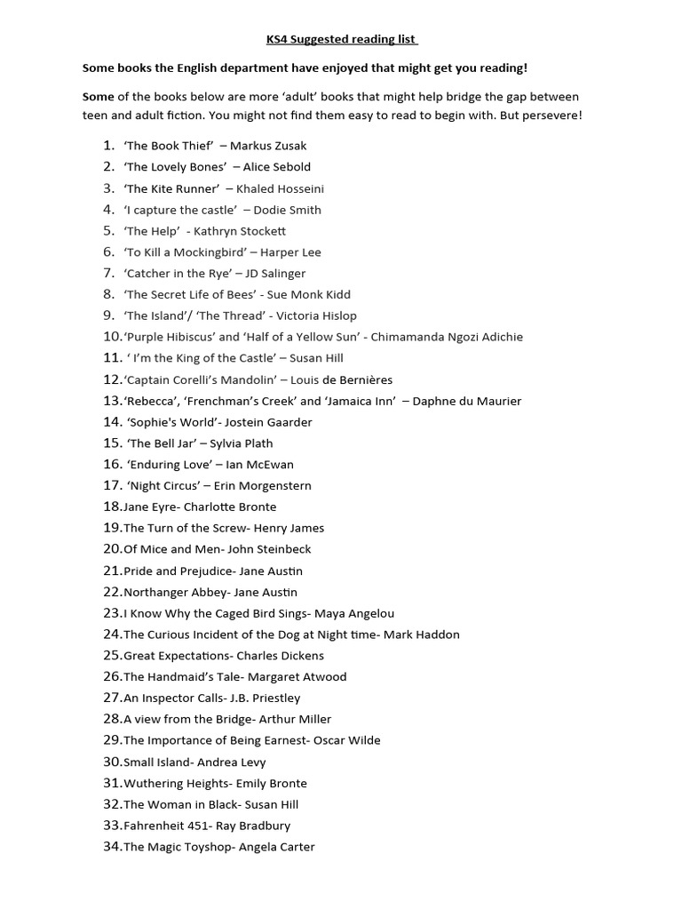 KS4 Reading Suggestions | PDF | Novels | English Language Literature