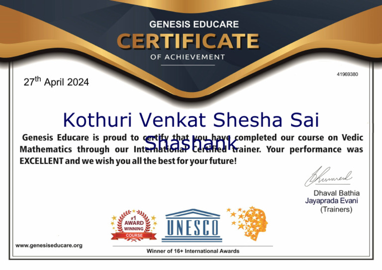 Vedic Maths Certificate | PDF