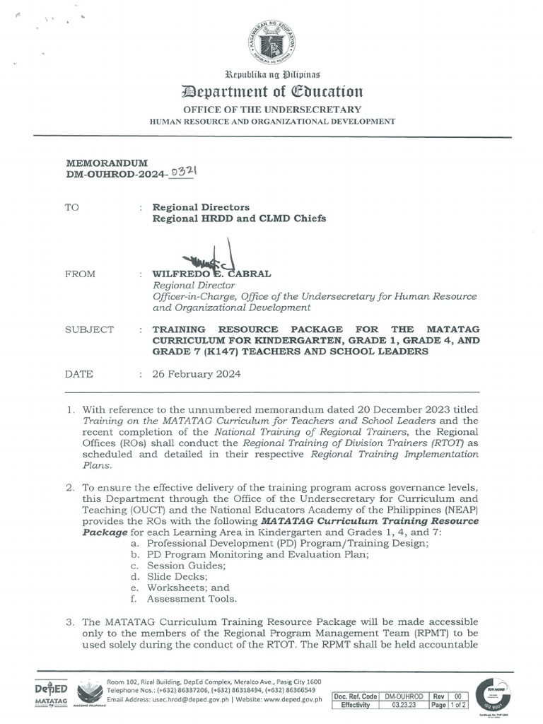 Memo - TRAINING RESOURCE PACKAGE FOR THE MATATAG CURRICULUM FOR ...