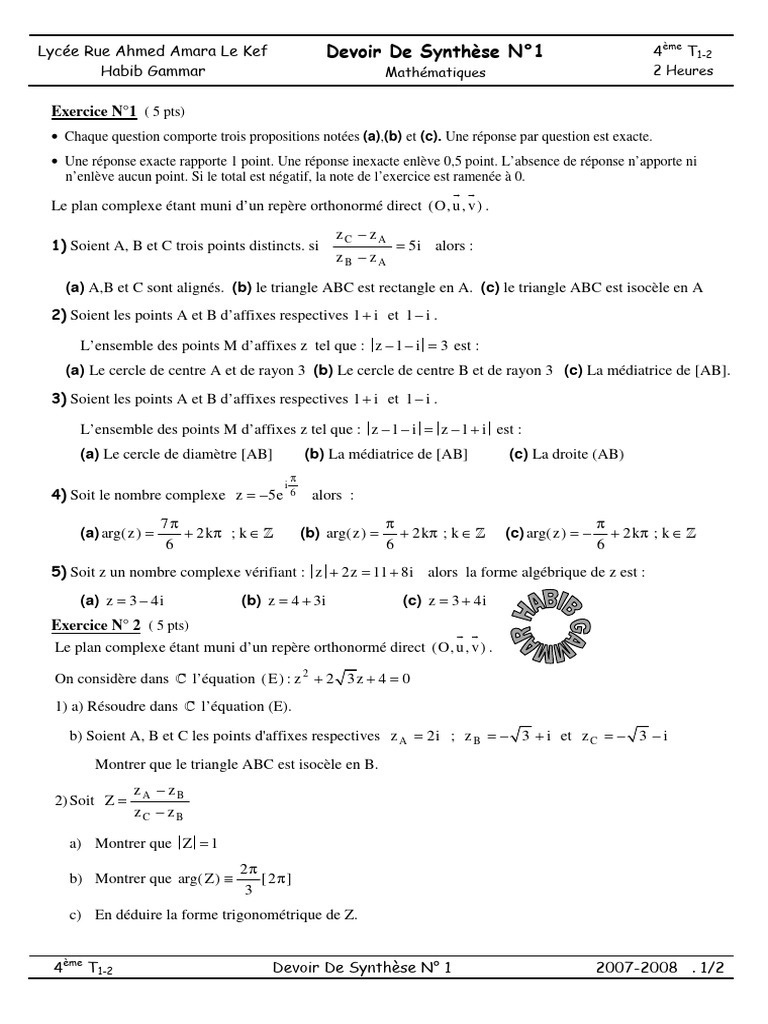 D S 1 Math | PDF | Nombre complexe | Cercle
