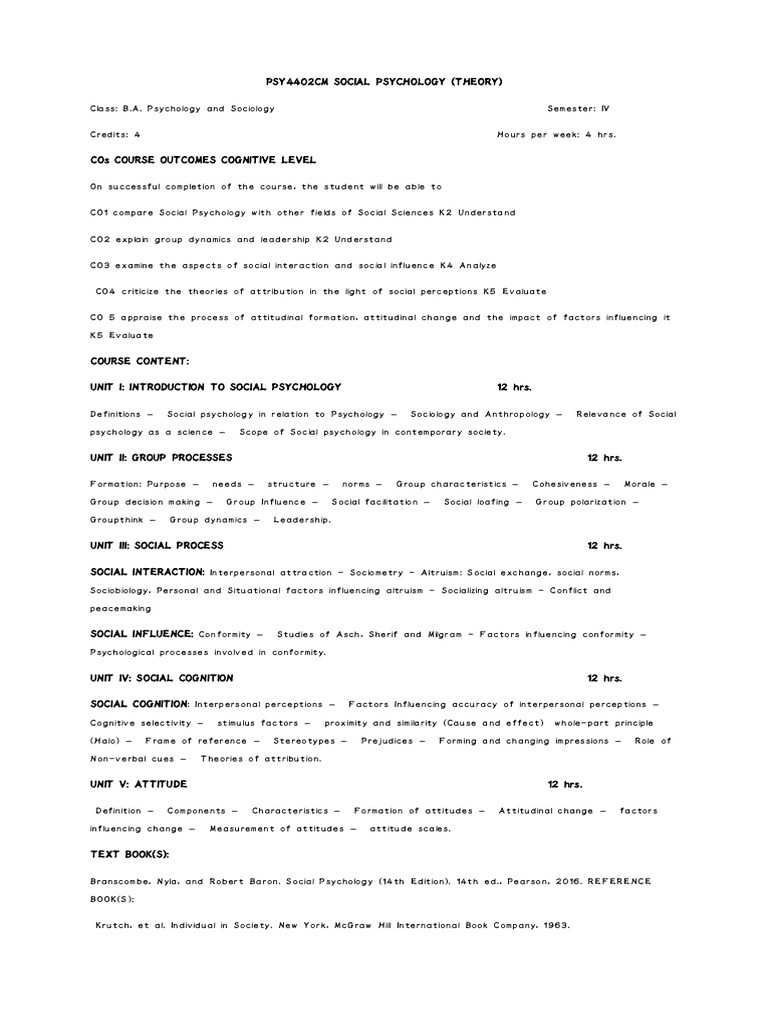Social Psychology Course Overview | PDF | Behavioural Sciences | Psychological Concepts