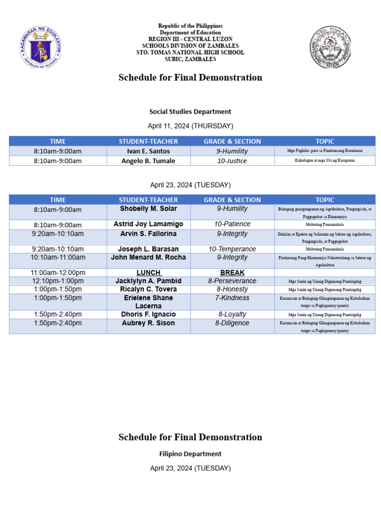 STNHS Final Demo Schedule 1 | PDF