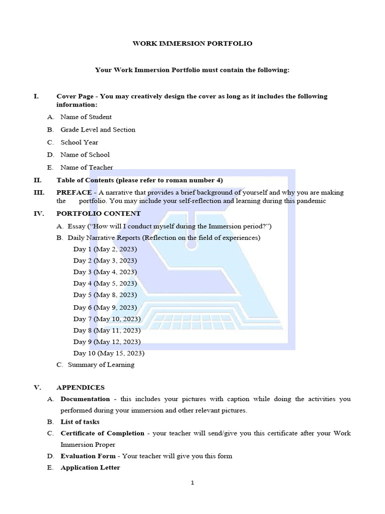 Work Immersion Portfolio Guide | PDF | Experience | Information