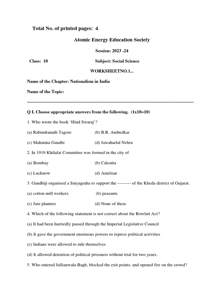 worksheet- cl 10 Nationalism in India | PDF | Mahatma Gandhi ...